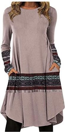 Generic Robe Boheme Femme Manche Longue- Robe Mi Longue Col Rond Irrégulier Ourlet Coupe Ample Décontracté Style Ethnique Confortable Polyvalent Chic Et Éléga