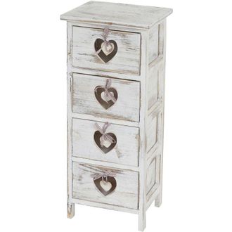 Hhg Commode Forli, armoire &agrave; tiroirs, 4 tiroirs avec coeurs 70x29x25cm, look shabby, vintage, blanc