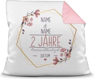 Tassendruck Kissen Hochzeitstag Baumwoll Hochzeit - mit Name & Datum selbst gestalten - 2 Jahre Ehe, Geschenk Hochzeit, Jubiläum, Jahrestag - Farbkissen Rückseite