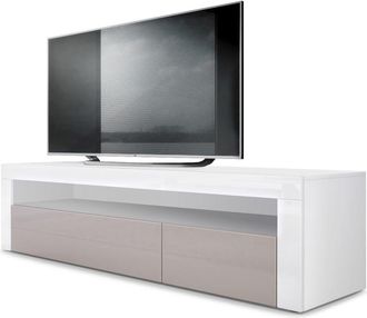 Vladon Lowboard Valencia, Made in Germany, TV-Kommode mit 1 offenem Fach und 2 Klappen, Weiß matt/Sandgrau Hochglanz/Weiß Hochglanz (155 x 46 x 40 cm)