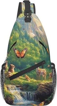 Generic Sac &agrave; bandouli&egrave;re motif cerf, renard et oiseaux - Sac &agrave; bandouli&egrave;re de voyage pour homme - Sac &agrave; dos de randonn&eacute;e