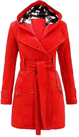 Minetom Femme Trench-Coat &agrave; Double Boutonnage Ceinture Bouton Automne Hiver Manche Longue Veste Manteau &agrave; Capuche A Rouge XXL