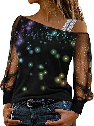 Generic Haut &agrave; paillettes pour femme - Chemisier festif &eacute;l&eacute;gant et sexy - Tenue d&eacute;contract&eacute;e - Une &eacute;paule - Manches longues - Grandes tailles - Tunique en mou