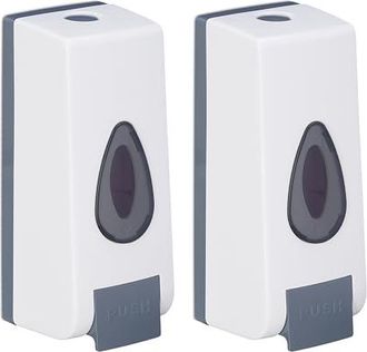 Relaxdays Wandseifenspender, 2er Set nachf&uuml;llbar, 350 ml, Wandmontage, manuell, Seifenspender HBT: 19x8x8 cm, wei&szlig;/grau