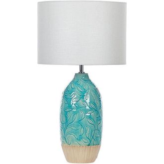 Beliani Lampe de table Base en C&eacute;ramique Orn&eacute;e Tissu Blanc Abat-jour Turquoise Ataba