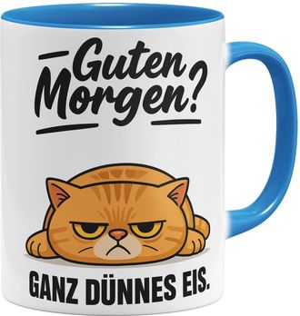 OM3 Lustige Katze Kaffee-Tasse mit Spruch - Guten Morgen Ganz d&uuml;nnes Eis - Morgenmuffel - Keramik Becher - 325ml - Beidseitig Bedruckt - Hellblau