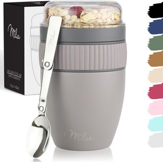 Milu Müslibecher to go 400ml MüsliMax I isolierter Edelstahl Joghurtbecher für Müsli I auslaufsicherer Becher mit Löffel für Yoghurt/Porridge (Taupe Grau)