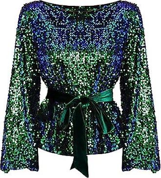 Generic Tunique &agrave; manches longues mode pull haut avec ceinture en velours grande taille robe tops pour femmes blanc arc-en-ciel cardigan, vert, XXL