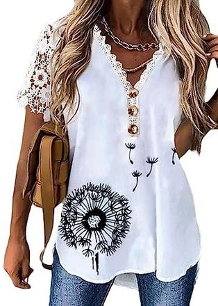 Onsoyours Chemisier Femme Col V Floral Imprimé Blouse Élégant Dentelle Haut Manches Courtes Boutons Tunique Ample Fluide Eté Plage T-Shirt Chemise Tops Décontra