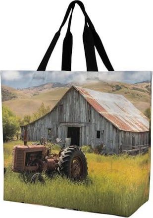 Generic Vieille Grange En Bois Avec Tracteur Sac A Main Femme L&eacute;ger Sacs De Courses Grand Sac Courses Pour Travail Plage Shopping