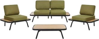 Beliani Lounge Set Hellbraun Zertifiziertes Akazienholz 4-Teilig 2-Sitzer Gartensofa mit 2 Sesseln u. Couchtisch Auflagen Olivgr&uuml;n Gartenm&ouml;bel Set