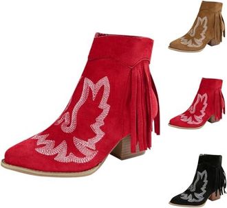Generic Bottines &agrave; franges pour femme, bottes de cowgirl de style occidental avec pompons, bottes brod&eacute;es polyvalentes et tendance, chaussures courtes confort