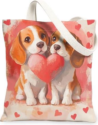 Generic Sac fourre-tout en toile motif chien beagle pour faire du shopping, 33 x 38,1 cm, sac d&eacute;picerie r&eacute;utilisable pour la Saint-Valentin, sac d&eacute;picerie r&eacute;u