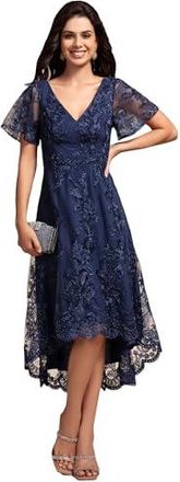Ever-pretty Robe de Mariée pour Mère Broderie en Mousseline Col V Manches Courtes High Low pour Marigae Invités Bleu Marine 54