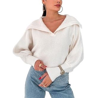 Generic Pull d&eacute;contract&eacute; &agrave; manches longues et col en V pour femme, coupe d&eacute;contract&eacute;e, blanc, taille M pour un usage quotidien, le travail et les vacances, bl