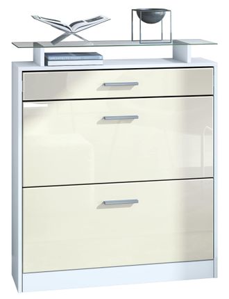 Vladon Schuhschrank Loret 89 x 104 x 23 cm Schuhkipper f&uuml;r 16 Paar Schuhe mit 1 Schublade, 1 Glasablage, Farben Wei&szlig; matt & Creme Hochglanz