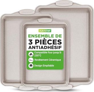 Nutrichef NutriChef Set de 3 Plaques &agrave; P&acirc;tisserie Antiadh&eacute;sives pour Biscuits - Po&ecirc;les en Acier au Carbone de Haute Qualit&eacute; avec Poign&eacute;es en Silicone Noire - R&eacute;