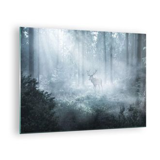 Arttor Bilder auf Glas Hirsch Wald Morgend&auml;mmerung Glasbild 70x50cm Wandbilder Dekoration Wohnzimmer Schlafzimmer K&uuml;che Deko Klein Wanddeko Bild im Glas Wand