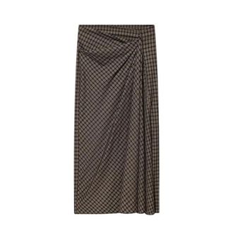 Generic Jupe drap&eacute;e &agrave; carreaux d&eacute;contract&eacute;e taille moyenne pour femme avec fermeture &eacute;clair lat&eacute;rale, marron, M