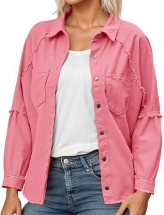 Generic Vestes pour femmes 2026 veste en jean surdimensionn&eacute;e chemises d&eacute;contract&eacute;es &agrave; manches longues Distresse Jean 2025 Tenues de printemps, rose, XL
