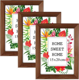 MG Design Set aus 3 Braun Bilderrahmen 15 x 20 cm - Aus echtem Holz mit Acrylglas, zum Aufhängen & Aufstellen, für Fotos, Poster & Puzzle