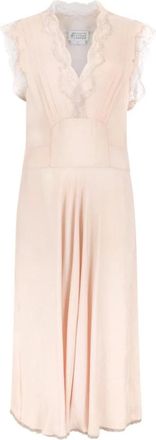 Maison Margiela Femme, Robes, Rose, Taille: 38 FR Robe Midi Col en V Orn&eacute;e de Dentelle