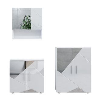 Vicco Badmöbel-Set Weiß Hochglanz mit Einsätzen Irma, bestehend aus Bad Spiegelschrank, Waschbeckenunterschrank, Midischrank - Versteckter Stauraum hinter e