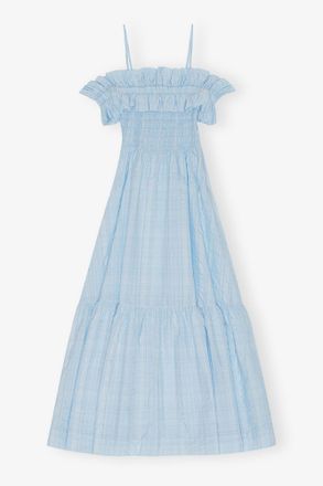 Ganni Robe maxi smock&eacute;e &agrave; carreaux en seersucker Bleu - Pour Femme
