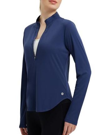 Baleaf T-shirt &agrave; manches longues pour femme - UPF 50+ - Fermeture &eacute;clair 1/4 - Protection solaire - L&eacute;ger - S&eacute;chage rapide, dblue, S