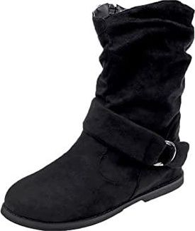 Generic Bottines à talon plat pour femme - Bout rond - Boucle de ceinture élégante en daim synthétique - Fermeture éclair latérale - Confortables et décontrac