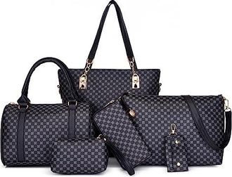 Generic Lot de 6 sacs &agrave; main en cuir &agrave; carreaux pour femme avec poign&eacute;e sur le dessus, sacs &agrave; bandouli&egrave;re tendance pour femme, Noir, Large
