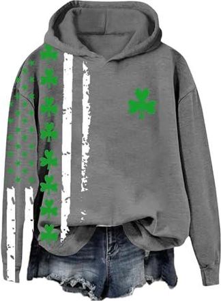 Generic Sweat à capuche pour la Saint-Patrick pour femme, pull imprimé trèfle irlandais, pull à manches longues pour femme, costumes de fête porte-bonheur trè