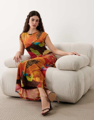 Never Fully Dressed Rio - Maxikleid aus Netzstoff in Orange mit Papaya-Print und Fl&uuml;gel&auml;rmeln-Mehrfarbig