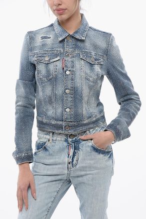 Dsquared2 Denim Crop Jacket HOLLYWOOD with All-Over Studs Dsquared2