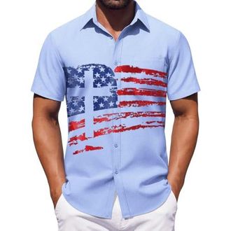 Generic Chemise d&eacute;t&eacute; en coton et lin pour homme - 4 juillet - Jour de lind&eacute;pendance - Chemise en lin d&eacute;contract&eacute;e tendance et respirante, bleu ciel, XXL