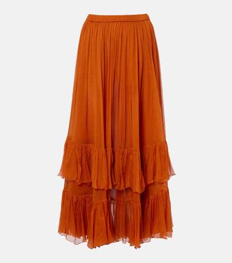 Saint Laurent Jupe longue en soie &agrave; volants