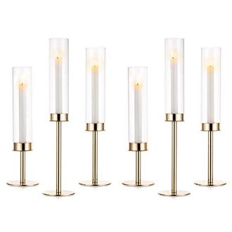 Nuptio Nuptio Bougeoir Ouragan Verre: Bougeoirs M&eacute;tal 6 Pi&egrave;ces Chandelier Or, Bougeoir &Agrave; Bougie Conique, Grand Bougeoir Cylindrique sans Fond, Centre de Tabl