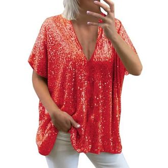Generic T Shirt Femmes &agrave; Manches Courtes Col en v Brillant M&eacute;tallis&eacute; Glitter Grandes Tailles &Eacute;l&eacute;gante Basique Paillettes Haut D&eacute;contract&eacute; Brillante Sequins &Eacute;t