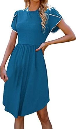 Generic Robes amincissantes unies pliss&eacute;es coupe ajust&eacute;e dentelle couleur genou manches robe dames longueur d&eacute;contract&eacute;e 2026, bleu, XL