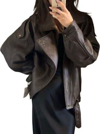 Generic Vestes de moto surdimensionn&eacute;es en similicuir pour femme Printemps Hiver Manteaux Tenues Bomber Y2k Tops, Marron lourd, XL