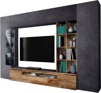 Dmora Wohnzimmerm&ouml;bel Ocean, TV-St&auml;nder-Wohnzimmerset, Mehrzweck-Wohnzimmerm&ouml;bel mit LED-Licht, 100 % Made in Italy, 290 x 40 x 192 cm, Schiefer und Ahorn