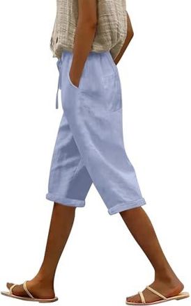 Generic Pantalon dété pour femme, longueur genoux, léger et aéré, pantalon en lin, couleur unie, taille haute, taille élastique, léger, pantalon de plage, pan