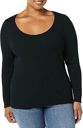 Amazon Essentials Pull à manches longues et encolure ronde en maille fine extensible (grandes tailles disponibles) Femme, Noir, XL