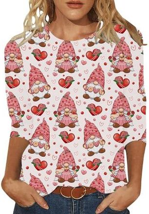 Generic T-shirt &agrave; manches trois-quarts et col rond pour femme Motif coeur 2026 Saint-Valentin, rose, XXL