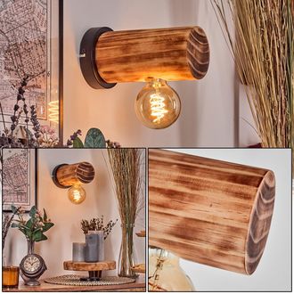 HOFSTEIN Wandleuchte Argea, Wandlampe aus Metall/Holz in Schwarz/Dunkelbraun, moderne Leuchte aus Holz, 1 x E27, Wohnzimmer, Schlafzimmer, K&uuml;che, Flur, Treppen