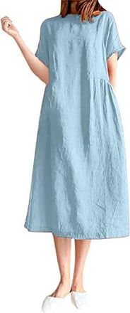 Generic Robe amincissante &agrave; manches courtes et col rond pour femme - Couleur unie - Coupe ajust&eacute;e, bleu, 3XL