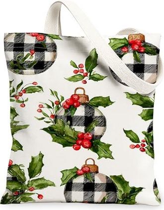 Generic Sacs fourre-tout en toile &agrave; motif de houx, sacs de courses r&eacute;utilisables, rustiques, l&eacute;gers et lavables avec bandouli&egrave;re pour voyage, pique-nique, 33 