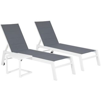 Happy Garden Set 2 bains de soleil et table dappoint BARBADOS en textil&egrave;ne gris - aluminium blanc