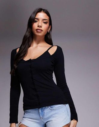 Fashionkilla Exklusives, lang&auml;rmliges Oberteil in Schwarz mit hohem Baumwollanteil, BH-Einsatz und Knopfleiste