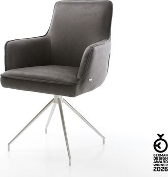 DELIFE Drehstuhl Heira-Flex mit Armlehnen Mikrofaser Anthrazit Vintage Kreuzgestell konisch Edelstahl 180&deg; drehbar Taschenfederkern, Esszimmerst&uuml;hle